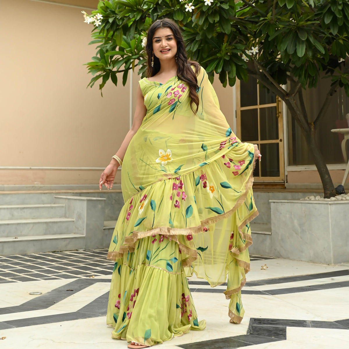 Muted Lime Draped Saree with Blouse – SANSKRUTI