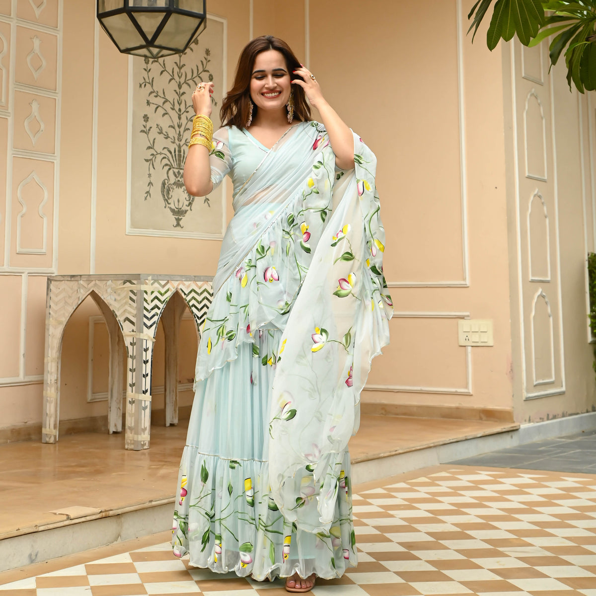 Blue Blush Draped Saree with Blouse – SANSKRUTI