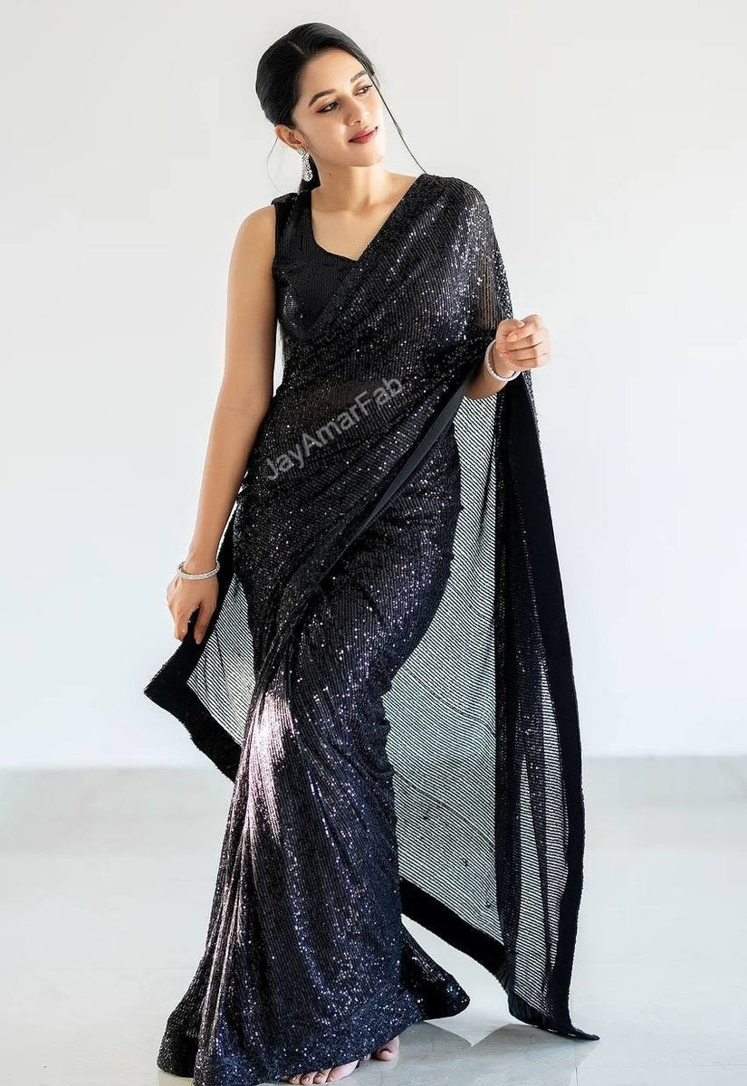 Black Saree Georgette Fabric With Sequnce Work ,In Blouse Indian Festi – SANSKRUTI