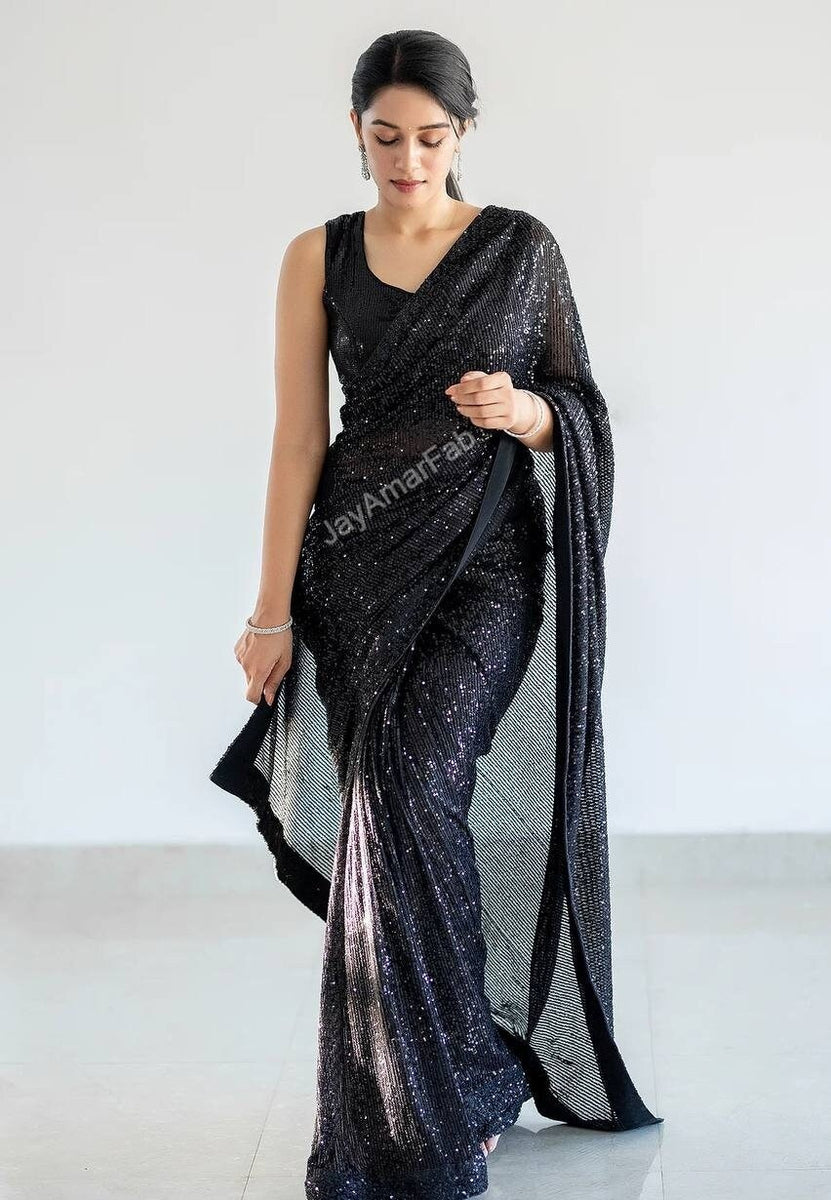Black Saree Georgette Fabric With Sequnce Work ,In Blouse Indian Festi – SANSKRUTI