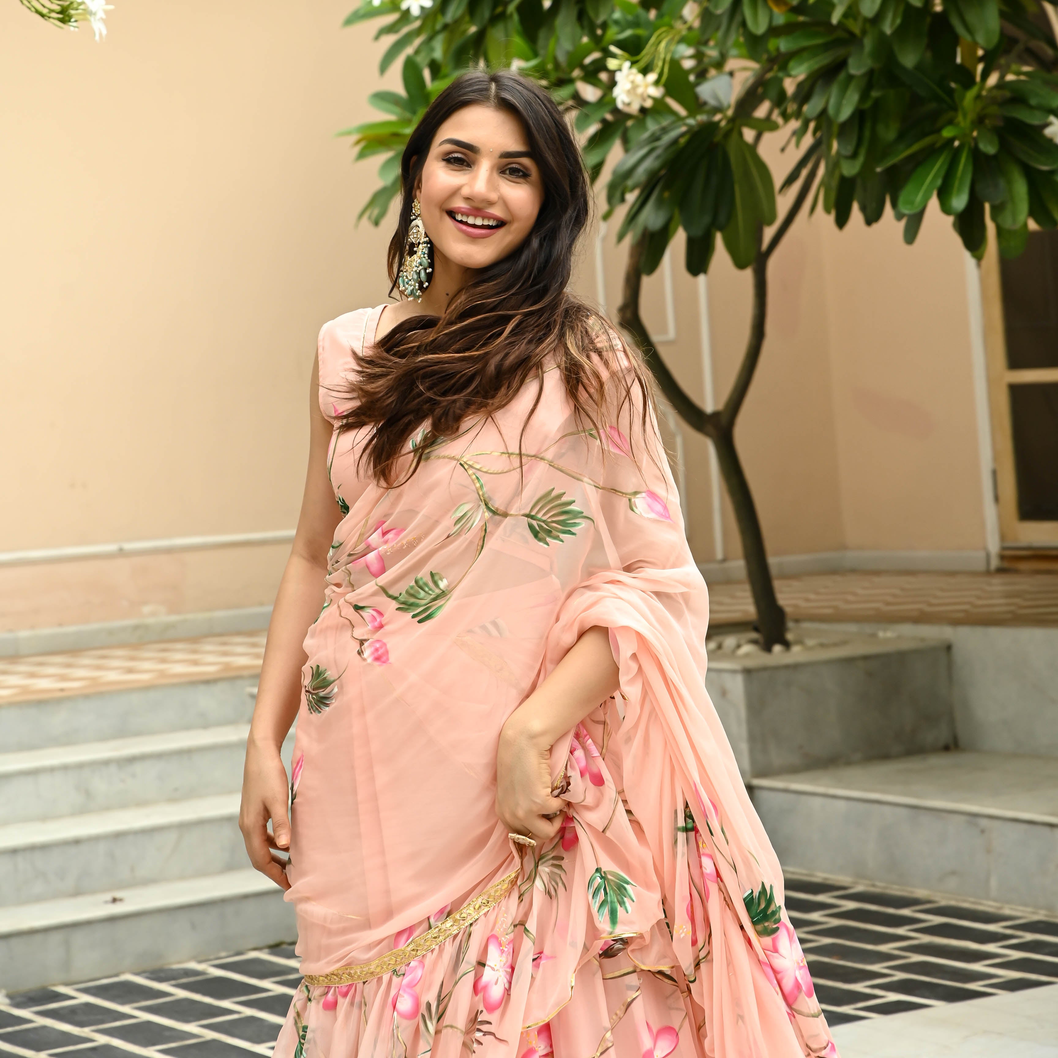 Peach Pearl Draped Saree with Blouse – SANSKRUTI
