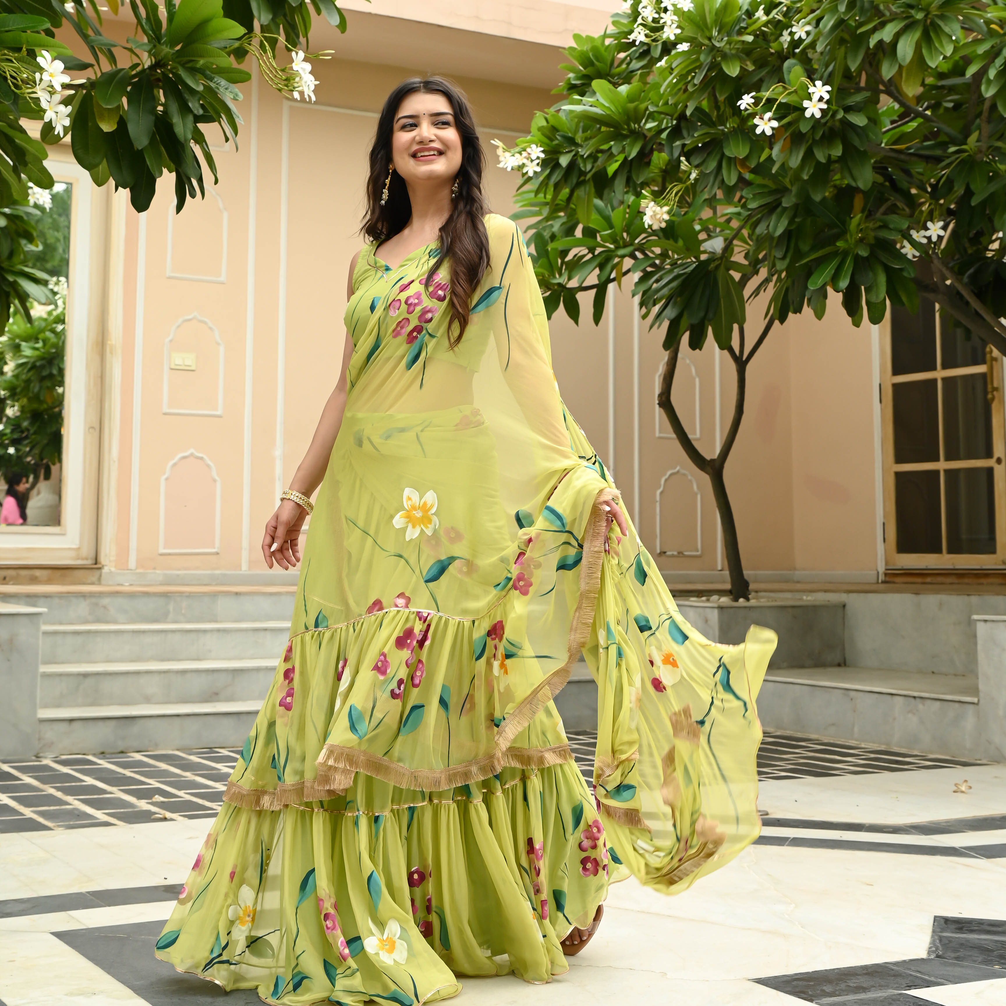 Muted Lime Draped Saree with Blouse – SANSKRUTI