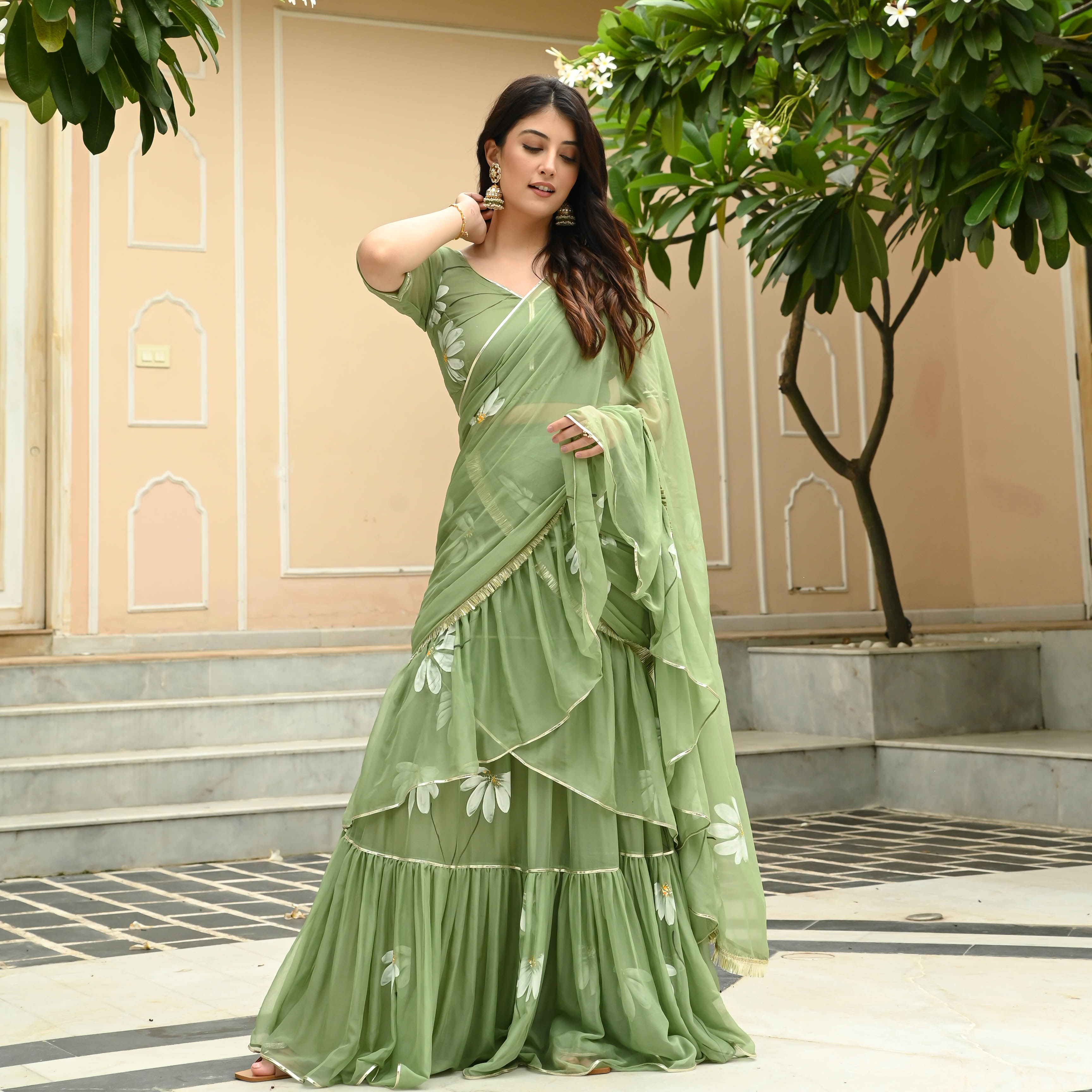 Daisy Olive Draped Saree with Blouse – SANSKRUTI
