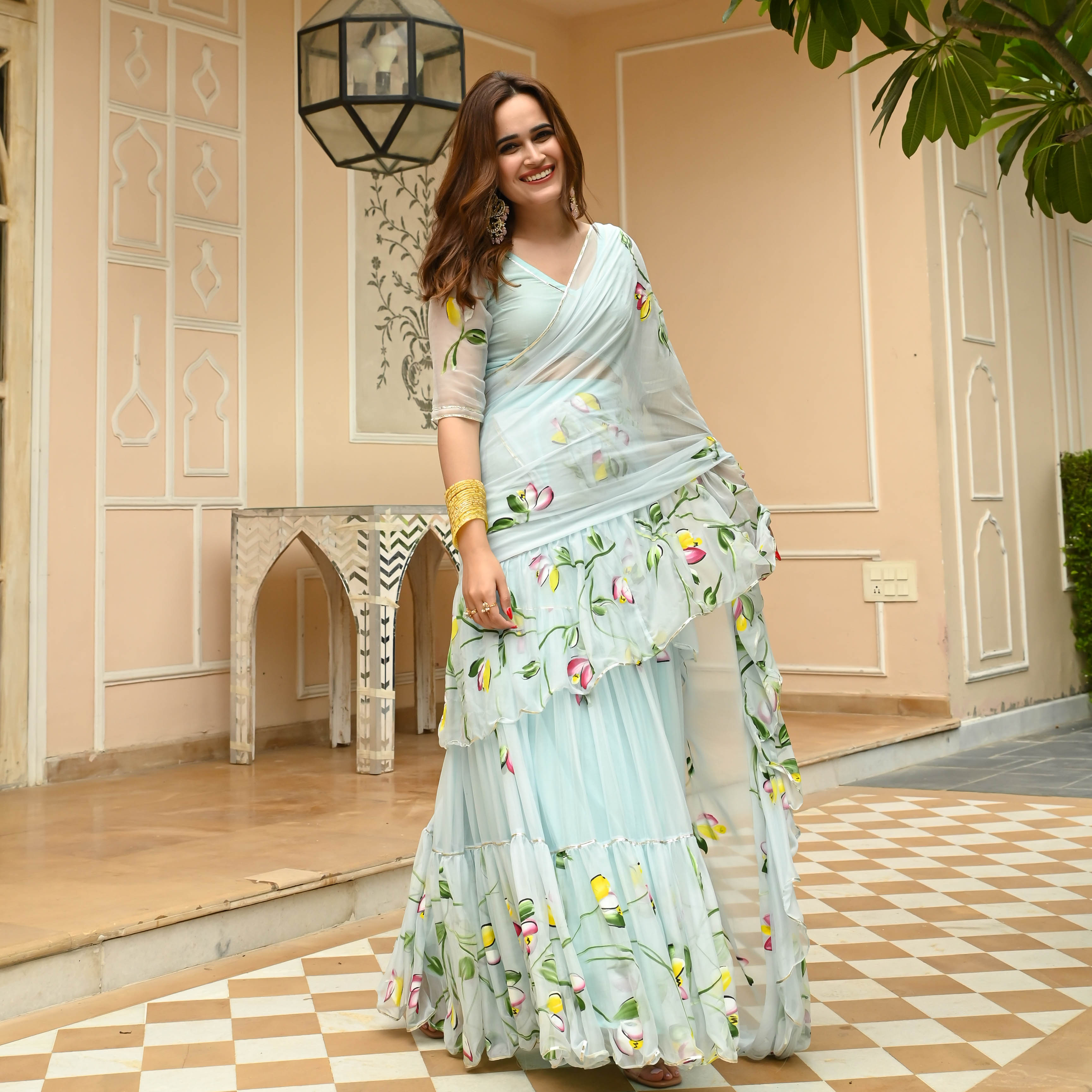 Blue Blush Draped Saree with Blouse – SANSKRUTI