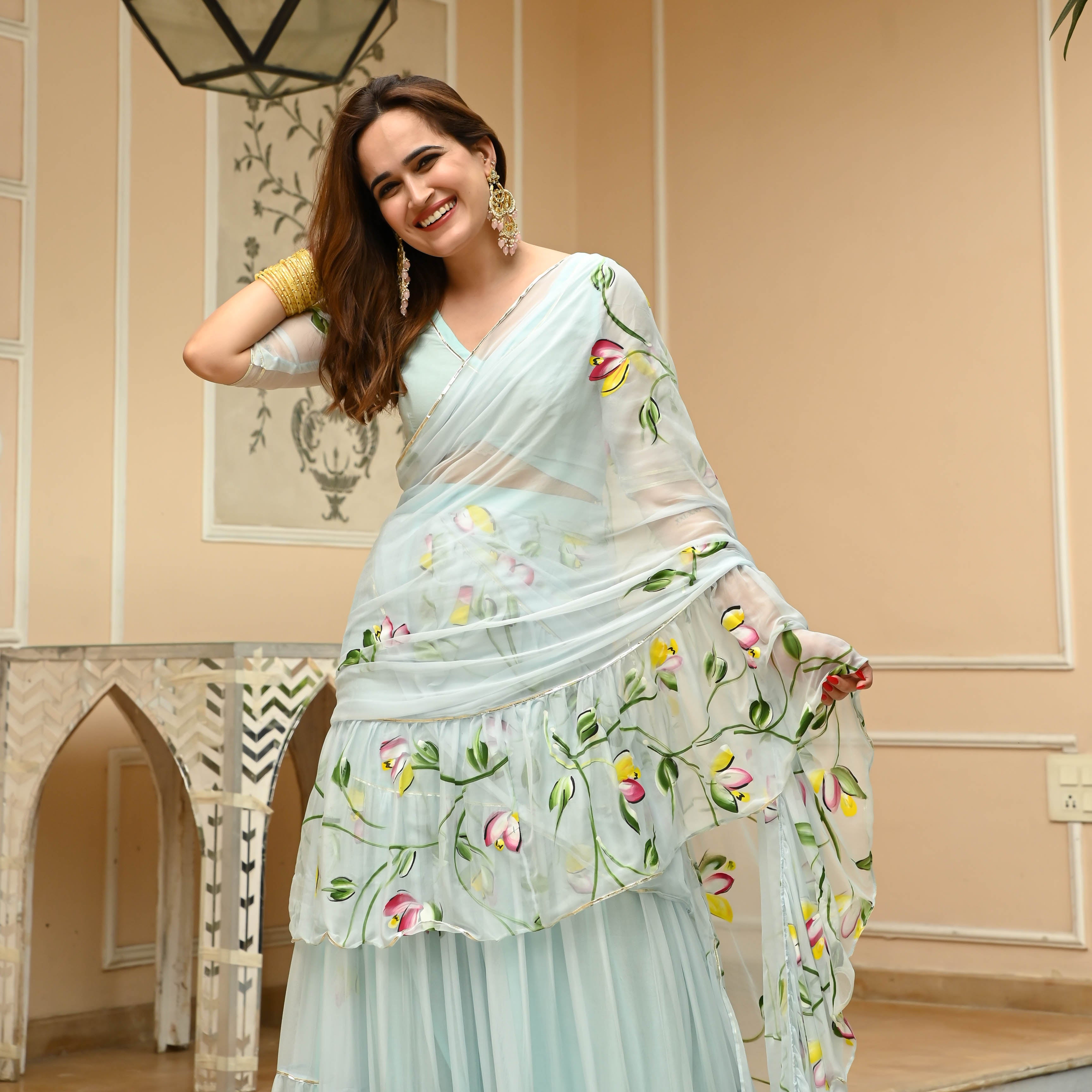 Blue Blush Draped Saree with Blouse – SANSKRUTI