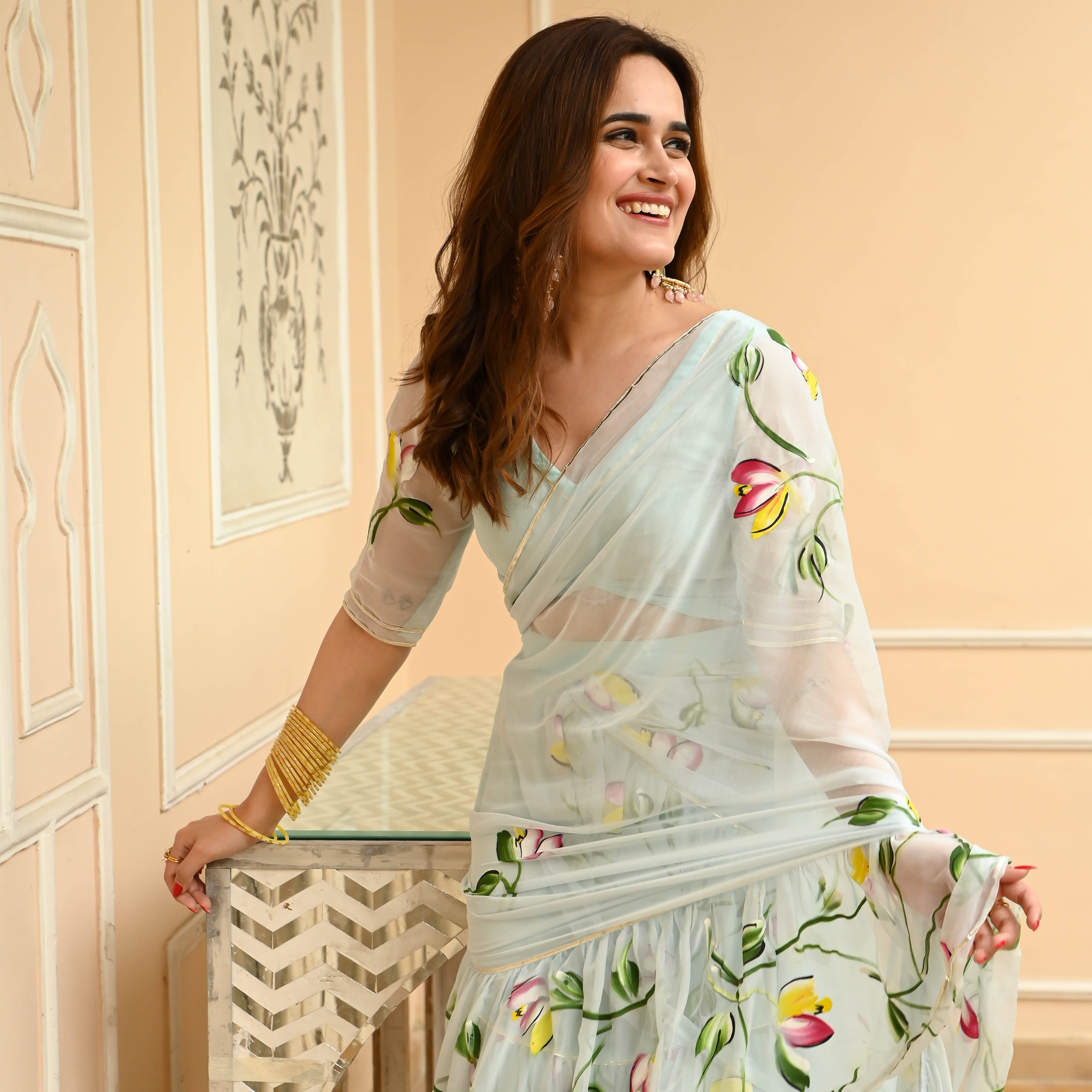 Blue Blush Draped Saree with Blouse – SANSKRUTI